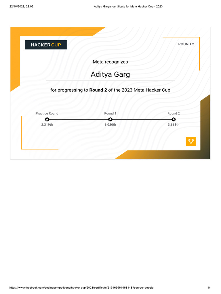 Aditya Garg's Certificate For Meta Hacker Cup - 2023 | PDF
