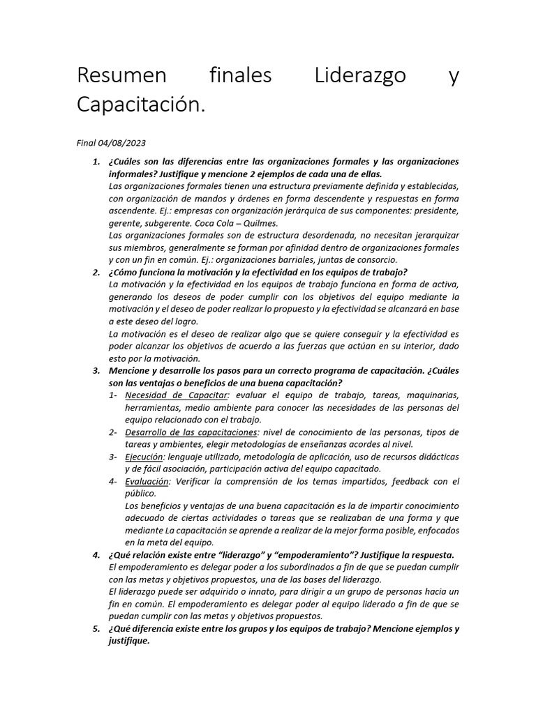 Resumen Finales Liderazgo y Capacitación | PDF