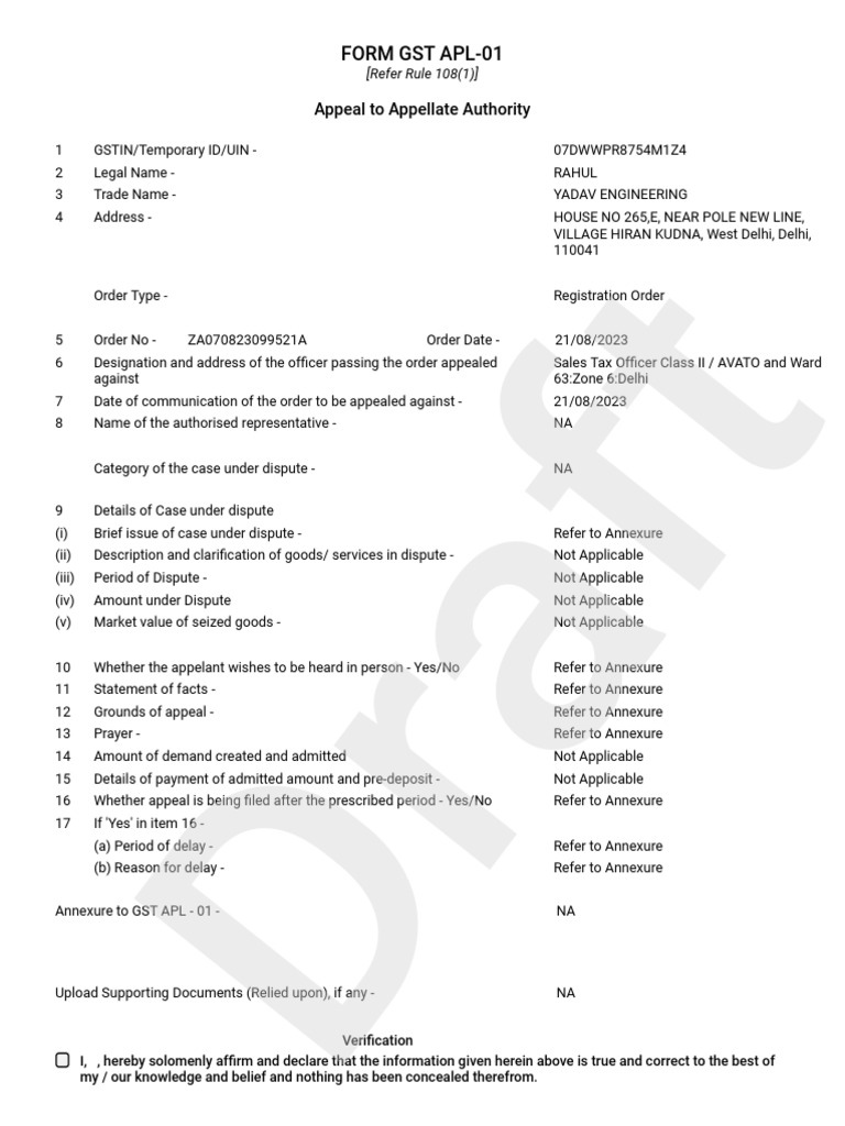 GST APL-01 Appeal Form Overview | PDF