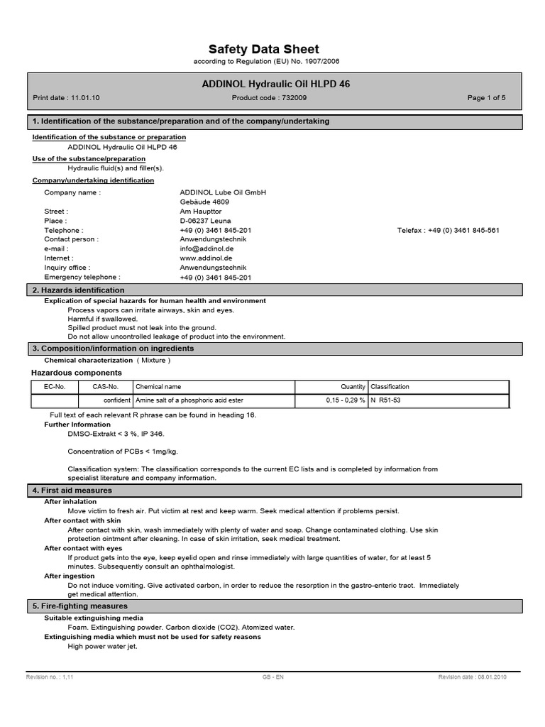 Safety Data Sheet Hydraulic - Oil | PDF