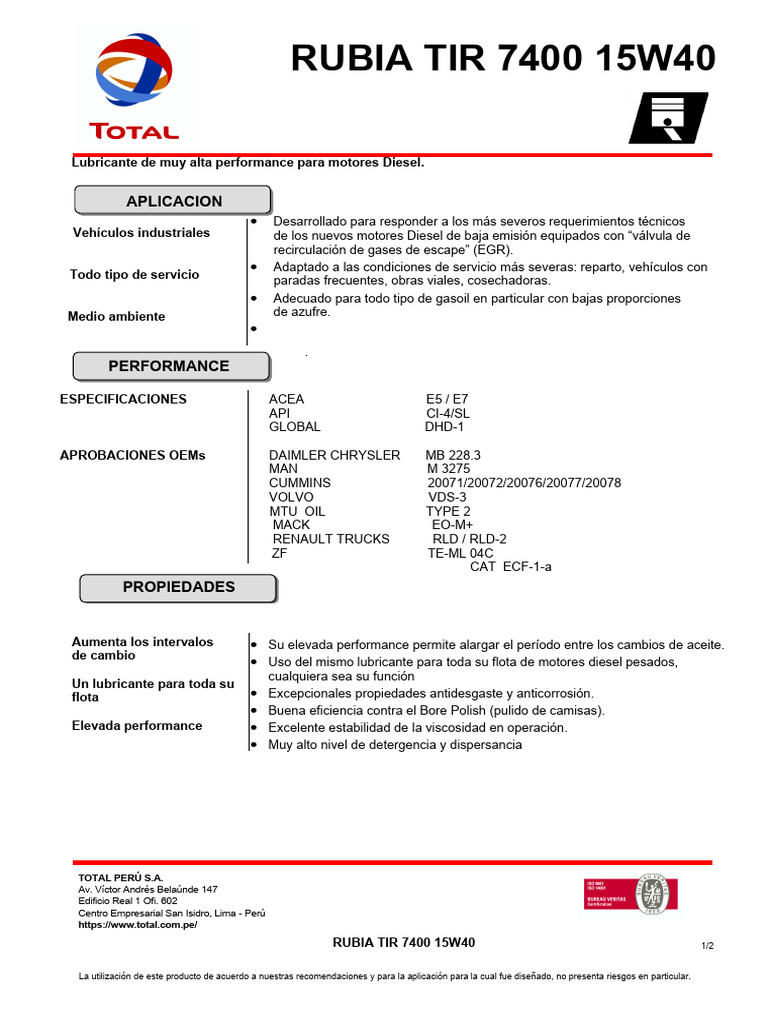 Aceite Total 15W40 | PDF | Lubricante | Combustible diesel