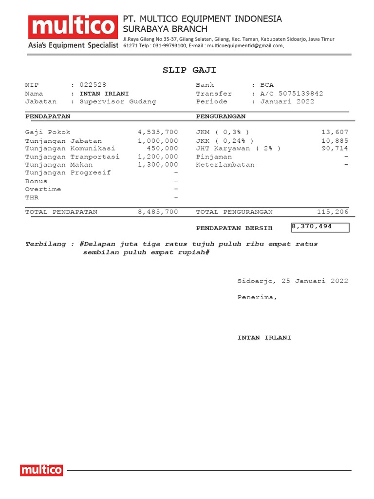 Pay Slip Multico Intan | PDF