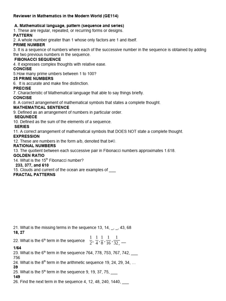 Reviewer in Mathematics in The Modern World | PDF | Sequence | Numbers