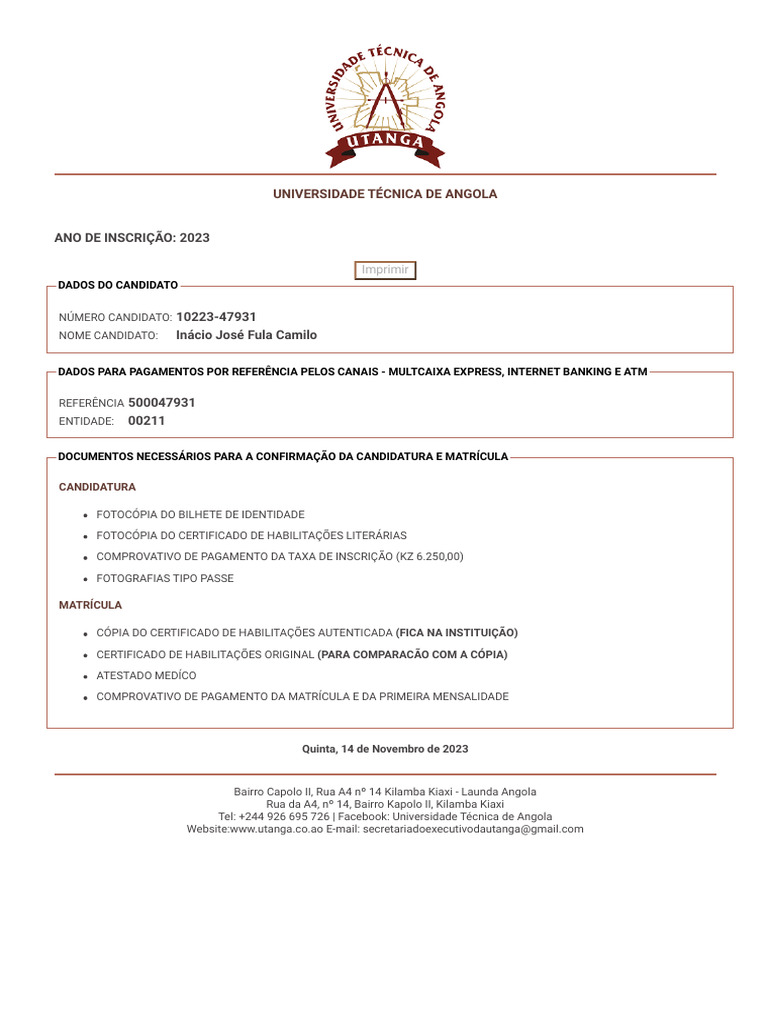 Utanga - Co.ao Licenciatura Inscricao Resposta | PDF
