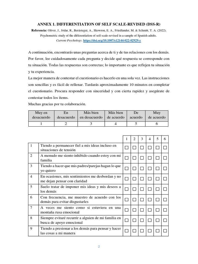 Annex 1 and 2. Differentiation of Self Scale-Revised (DSS-R) | PDF | Crecimiento personal y ...
