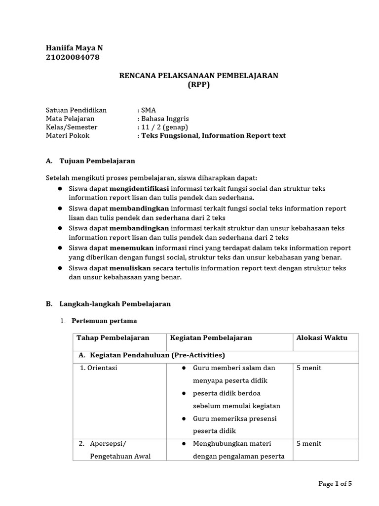 Haniifa Maya N 21020084078 Rencana Pelaksanaan Pembelajaran (RPP) | PDF