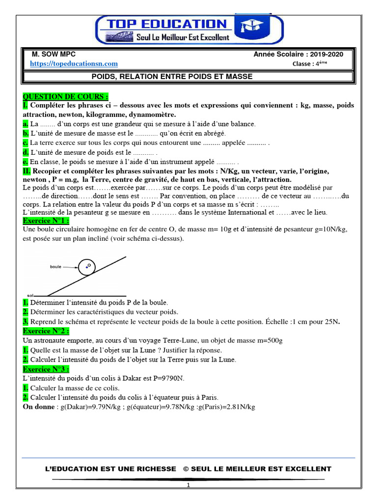 TD N4 Poids Et Relation Entre Poids Et Masse | PDF | Poids | Masse
