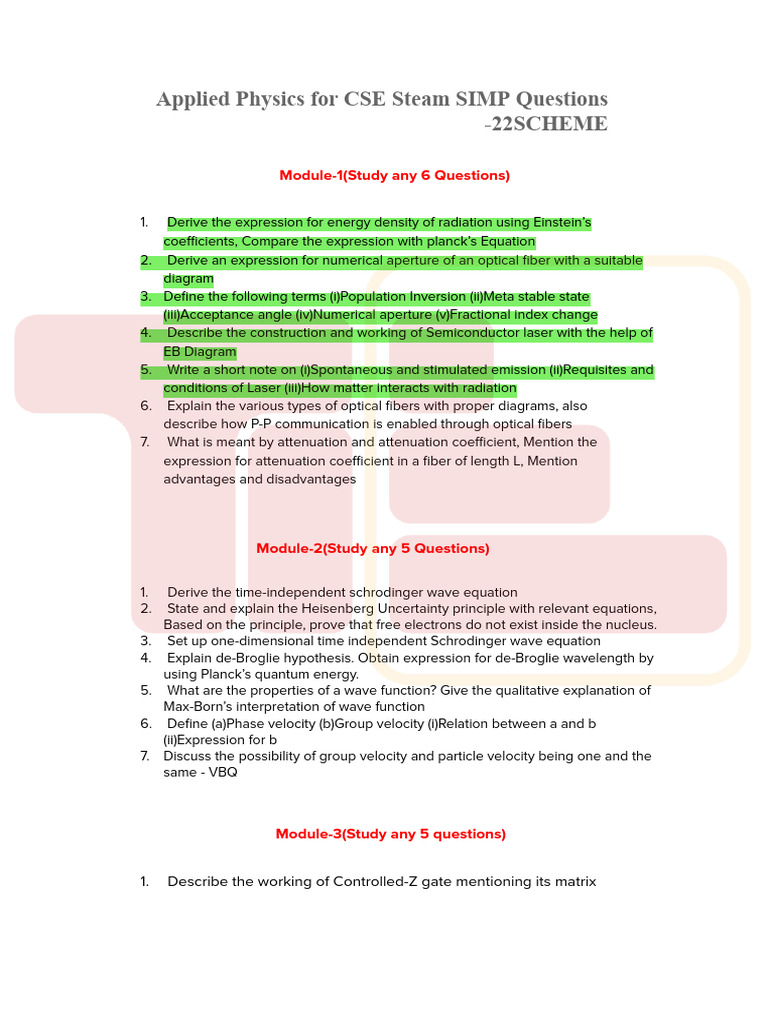 Applied Physics For CSE - Simp QB | PDF | Schrödinger Equation | Waves