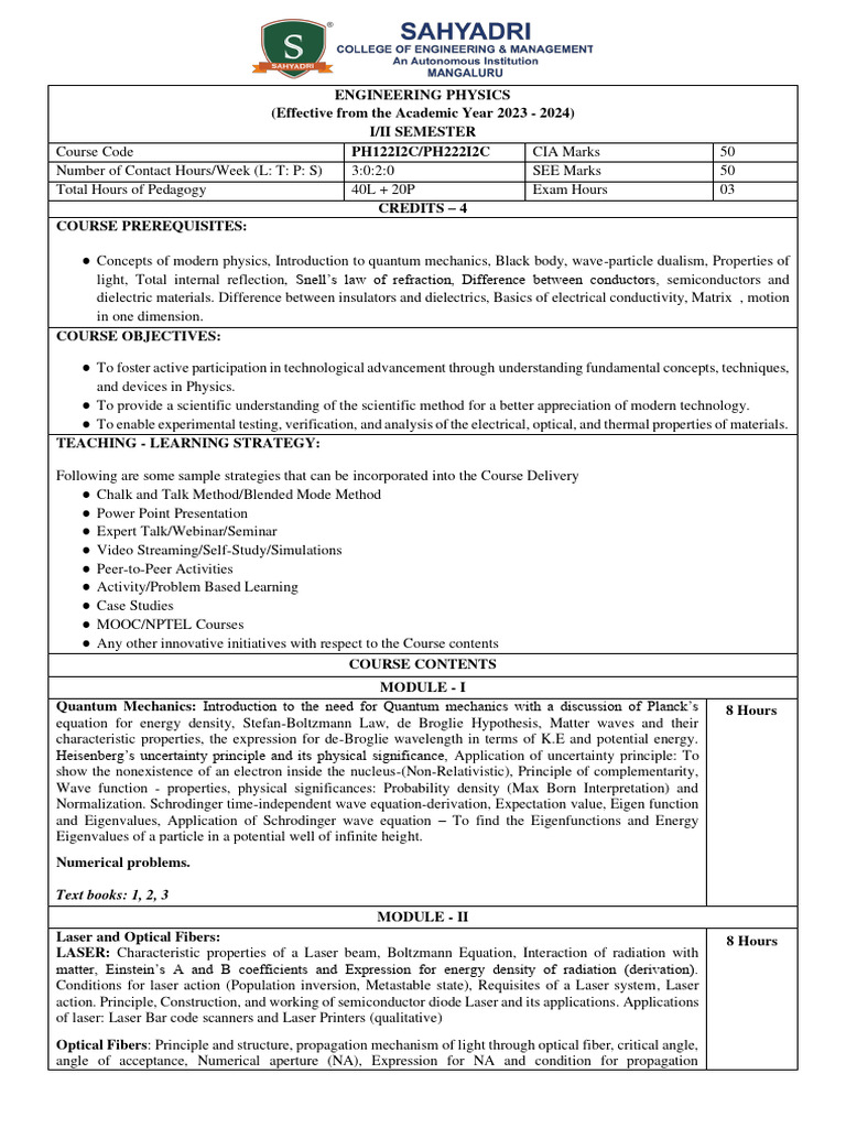 2023 24 Syllabus PH122I2C PH222I2C | PDF | Electrical Resistivity And Conductivity ...
