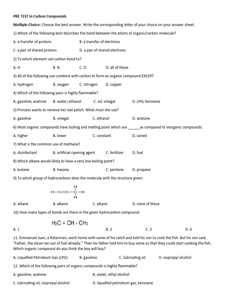 Carbon Compounds Pre-Test Questions | PDF | Chemical Compounds | Alkane