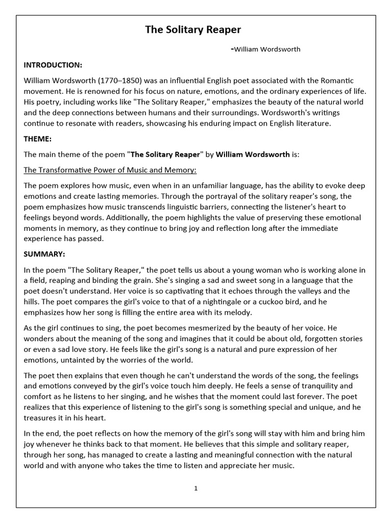 The Solitary Reaper by William Wordsworth | PDF | Experience | Poetry