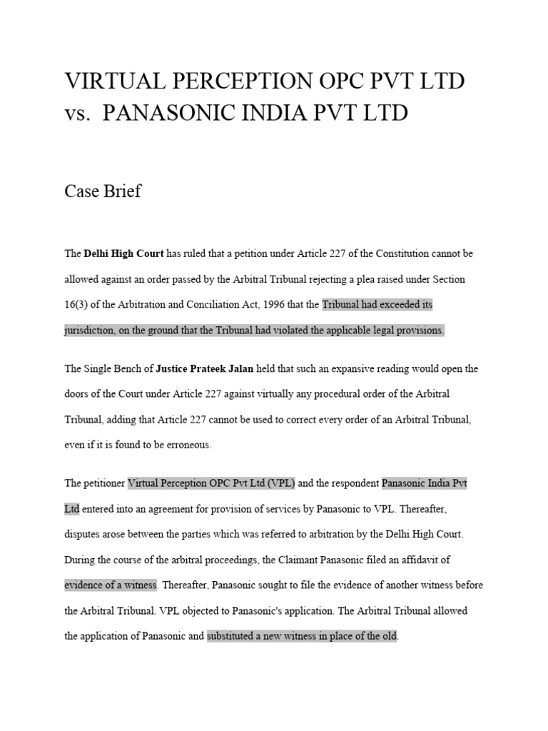 Case Brief VIRTUAL PERCEPTION OPC PVT LTD Vs PANASONIC INDIA PVT LTD | PDF
