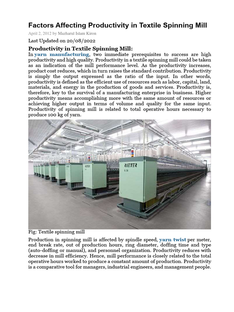 Factors Affecting Productivity in Textile Spinning Mill 5.6.2023 | PDF ...