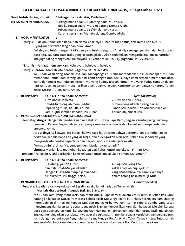 GKLI, Liturgi Minggu XIII Setelah Trinitatis, PK, 3 September 2023, PIR | PDF