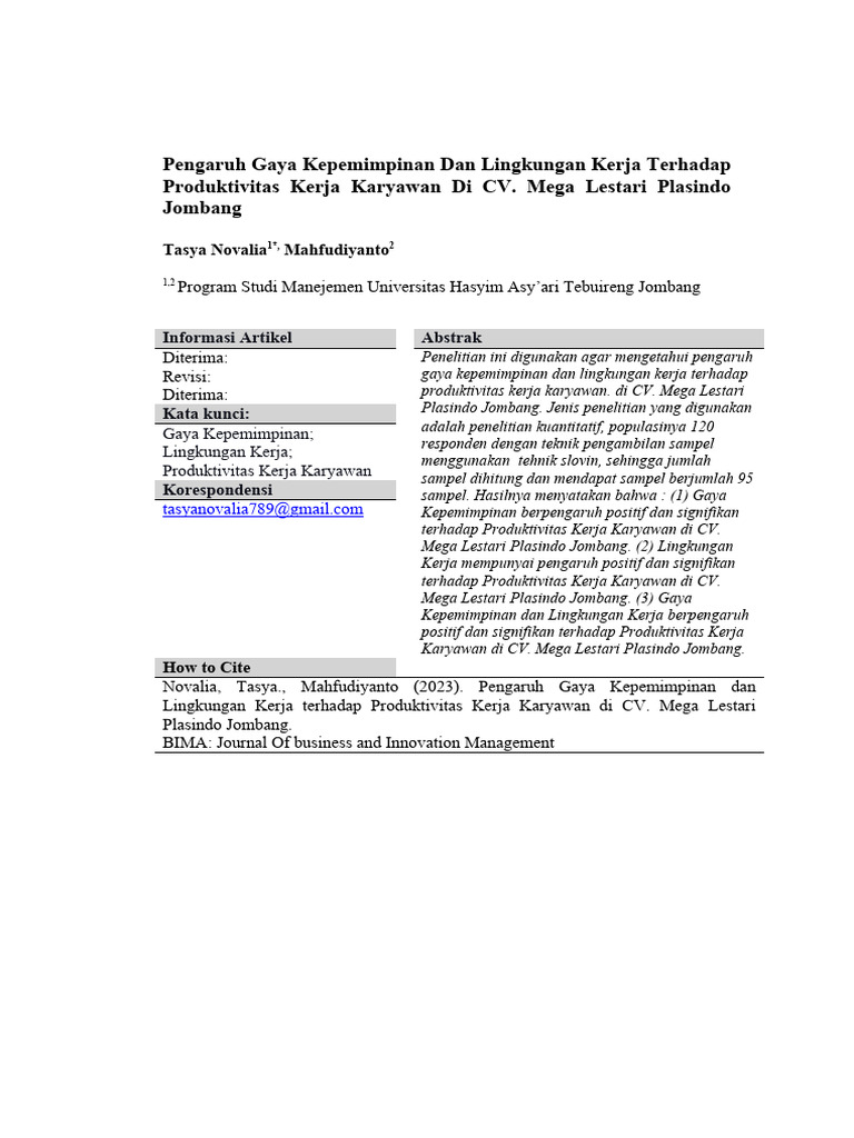 Pengaruh Gaya Kepemimpinan Dan Lingkungan Kerja Terhadap Produktivitas Kerja Karyawan Di CV ...