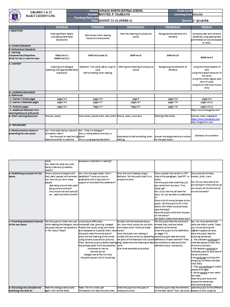 DLL English-5 Q1 W1 | Download Free PDF | Word | Verb