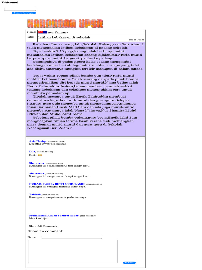 Contoh Karangan Upsr Latihan Kebakaran Di Sekolah By Nur Farzana Pdf