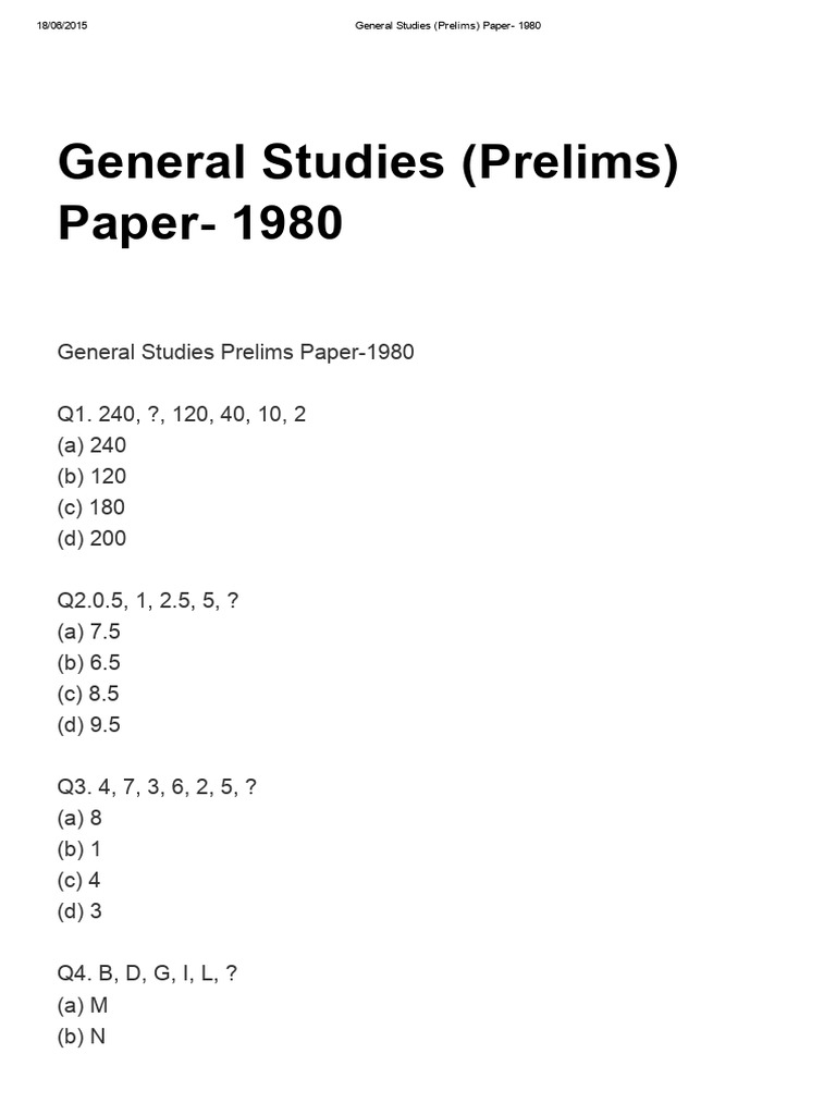 UPSC IAS Prelims GS - General Studies Question Paper 1980 With Answer ...