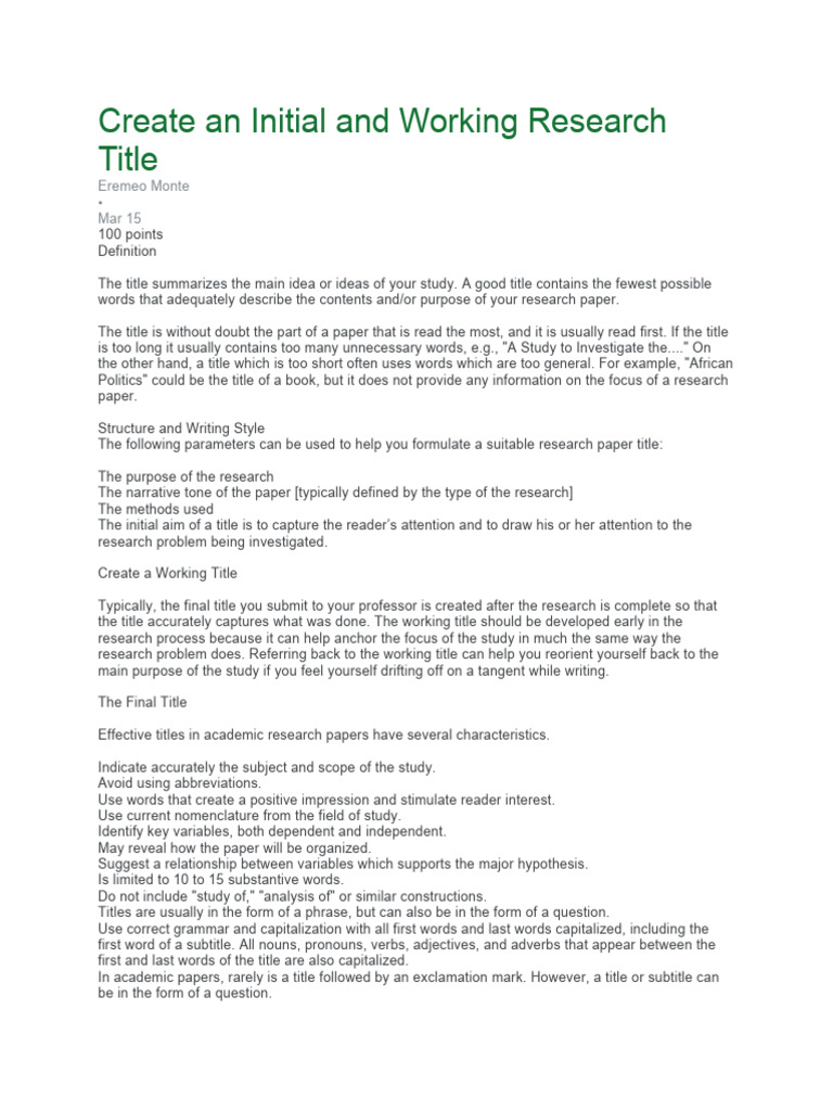 Create An Initial and Working Research Title | PDF