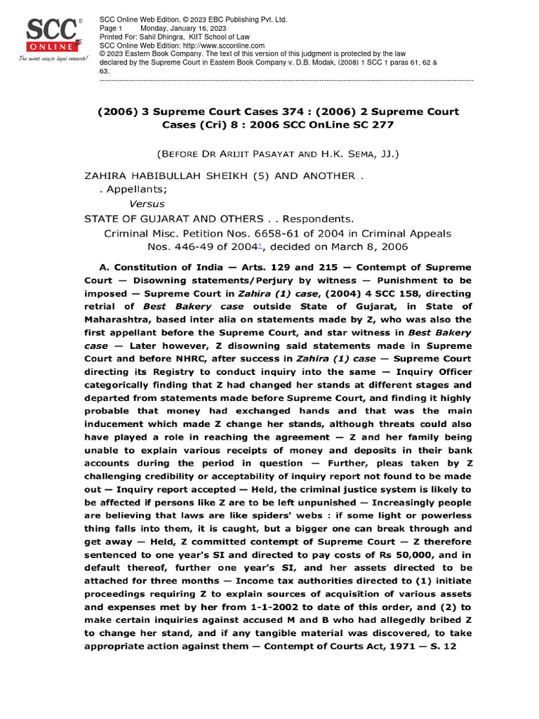 Zahira Habibullah Sheikh & Anr Vs State of Gujarat, AIR 2006 SC 1367 ...
