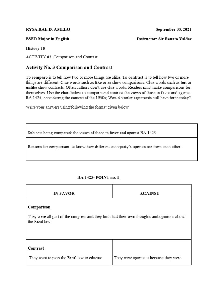 Hist 10 Activity No. 3 Comparison and Contrast | PDF