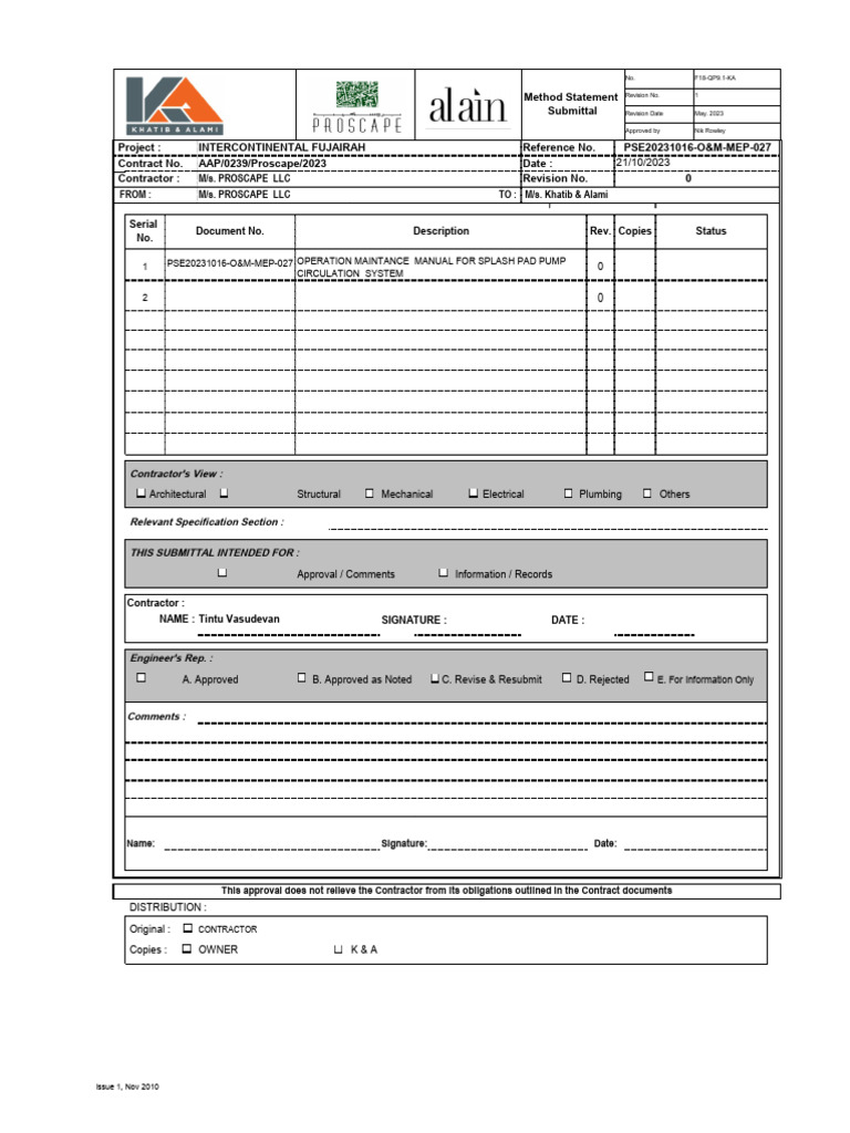 OM Manual For Splash Pad Pump Circulation System | PDF