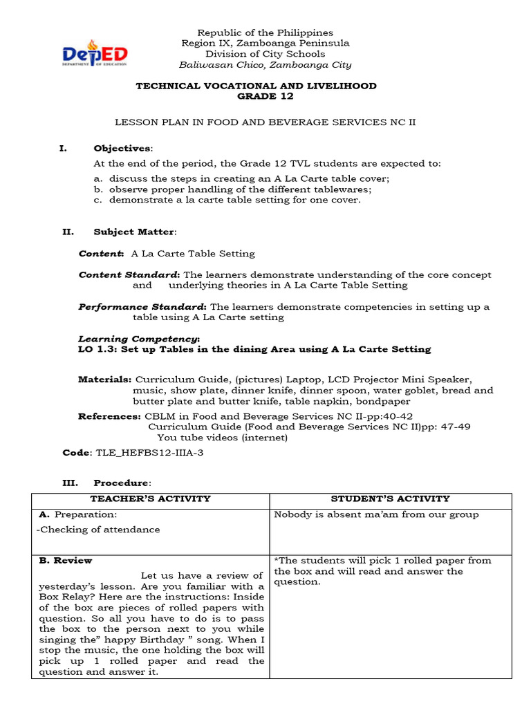 Ellen Gervacio Lesson Plan in Food and Beverage Services 4th Cot | PDF