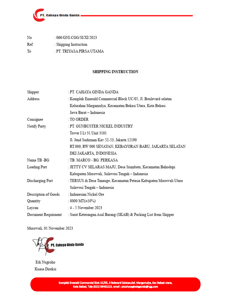 Shipping Instruction 66. TB. MARCO - BG. PERKASA | PDF