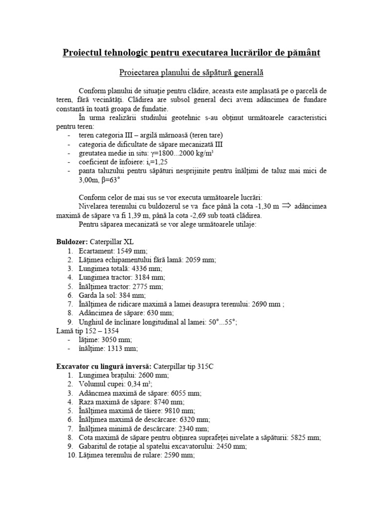 L1 - Proiectul Tehnologic Pentru Executarea Lucrărilor de Pământ | PDF