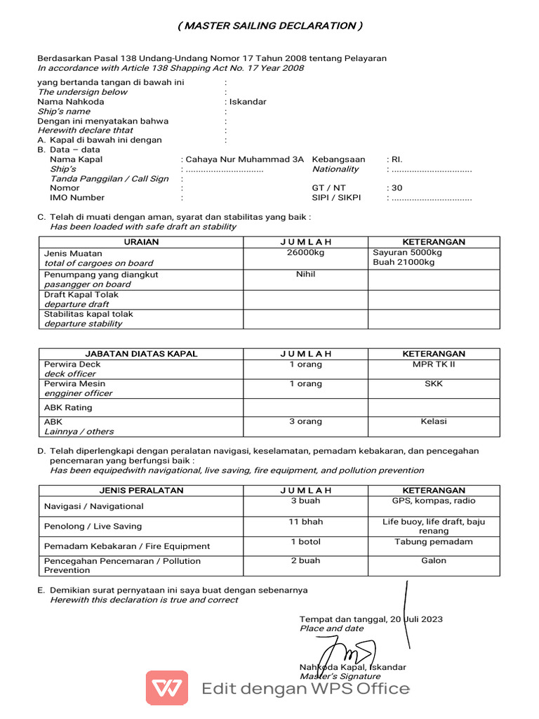 Master Sailing Declaration-1 | PDF
