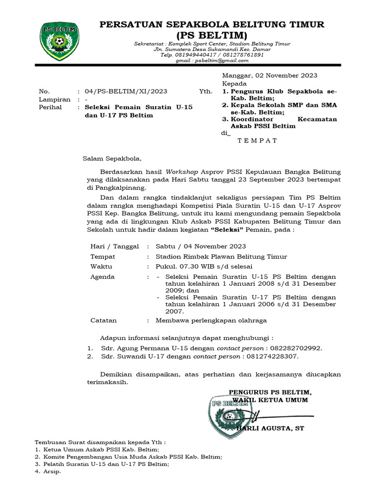 Surat Seleksi Pemain Piala Suratin U-15 & U-17 | PDF | Olahraga & Rekreasi