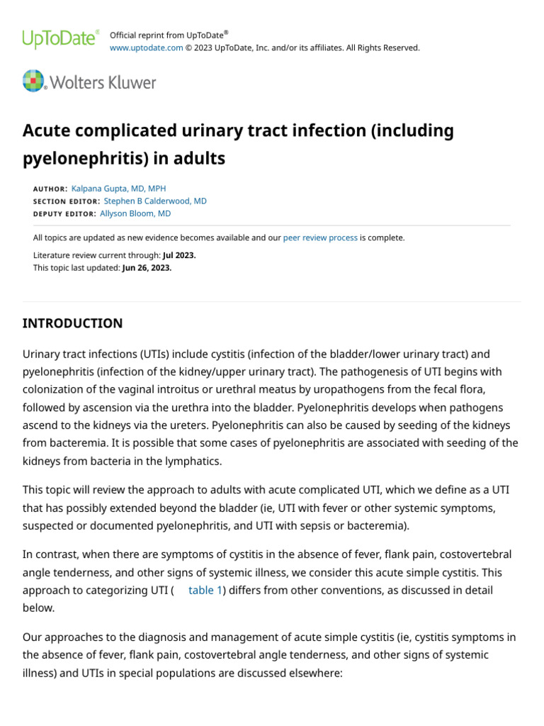 Acute Complicated Urinary Tract Infection (Including Pyelonephritis) in ...