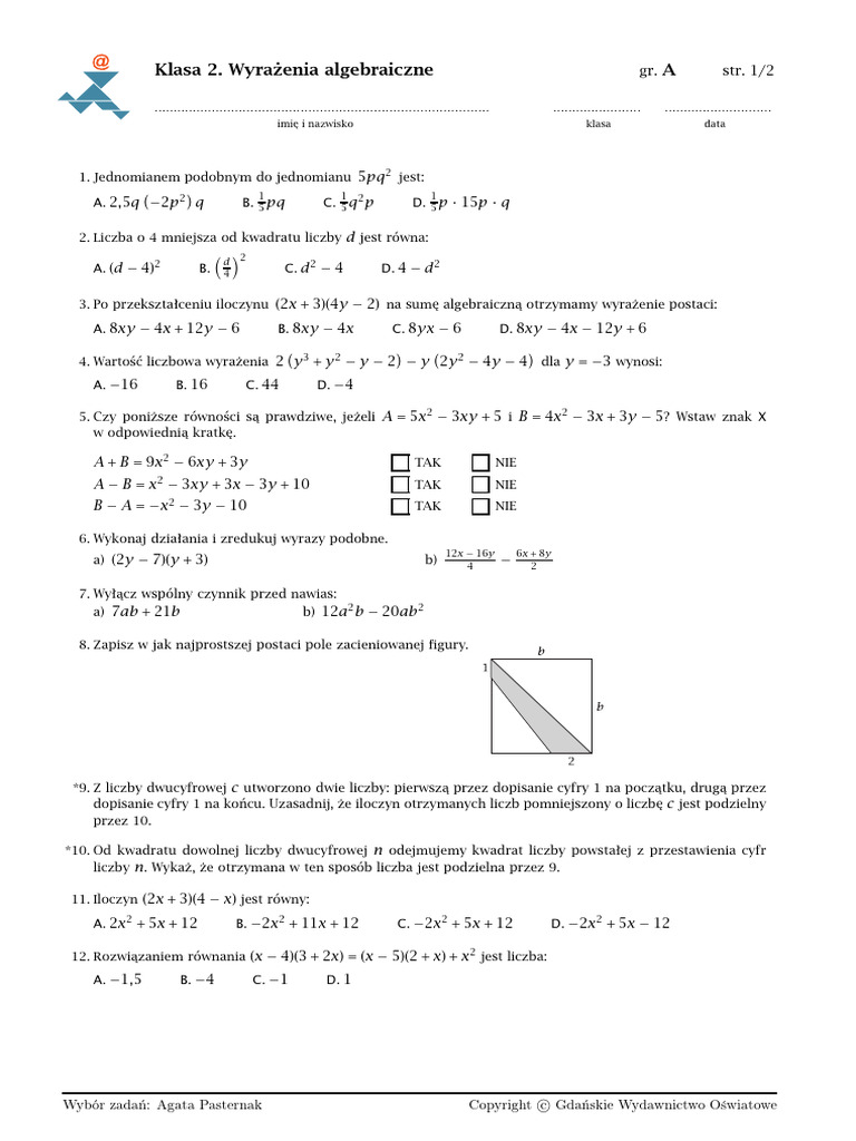Zad Powtorzeniowe Wyrazenia Algebraiczne | PDF