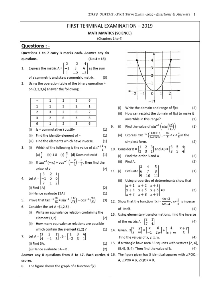 Plus Two Onam Exam 2019 Answer Key - Maths (Science) | PDF | Matrix ...