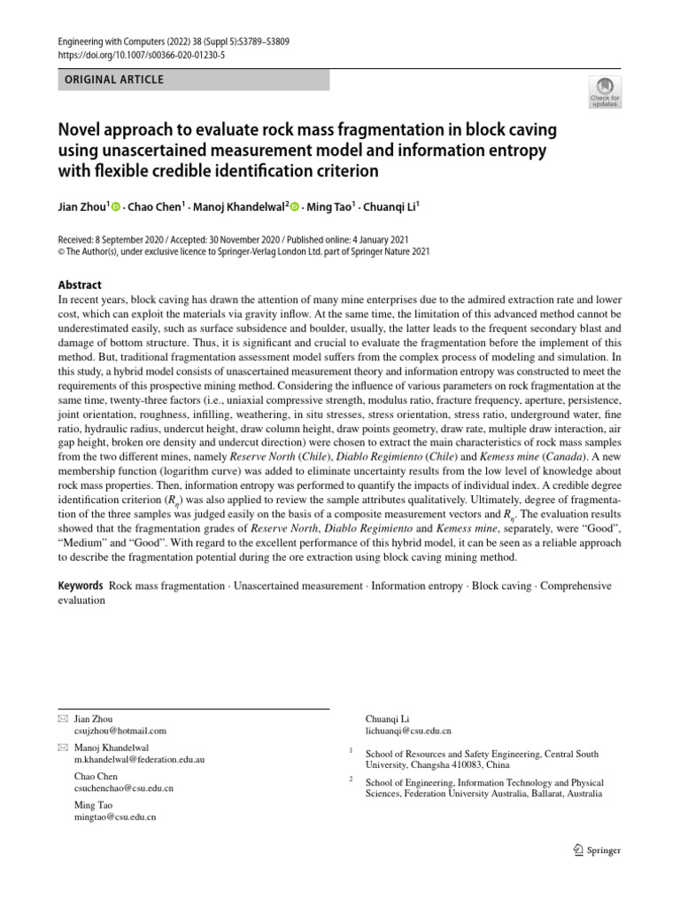 2022 Novel Approach To Evaluate Rock Mass Fragmentation in Block Caving Using Unascertained ...