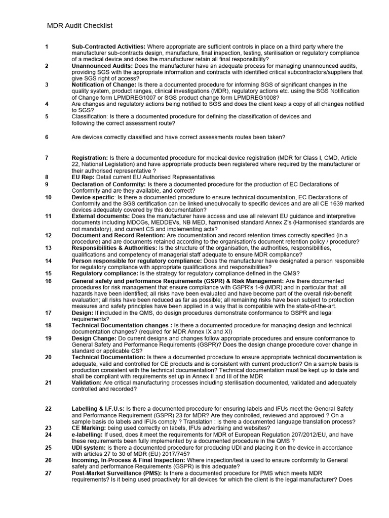 MDR Audit NB Checklist | Download Free PDF | Medical Device | Quality ...