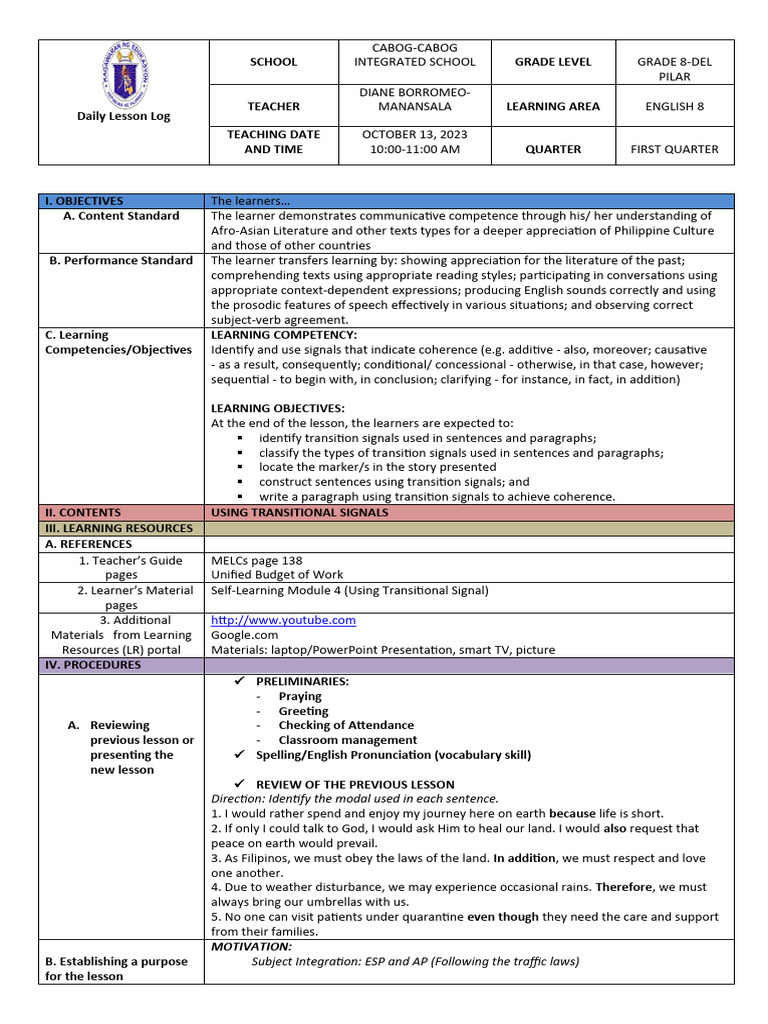 DLL - English 8 COT 1 - Transition Signal | PDF | Language Arts ...
