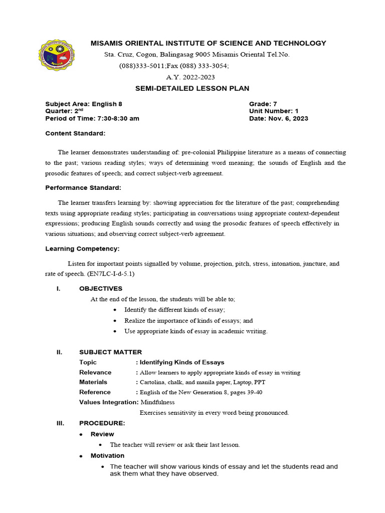 Identifying Kinds of Essay Lesson Plan | PDF