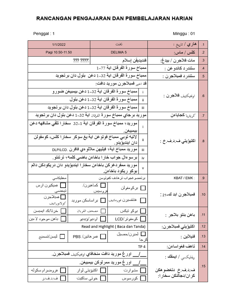 RPH Pak21 Minggu 1-38 (Khatam Al-Quran) THN 5 | PDF