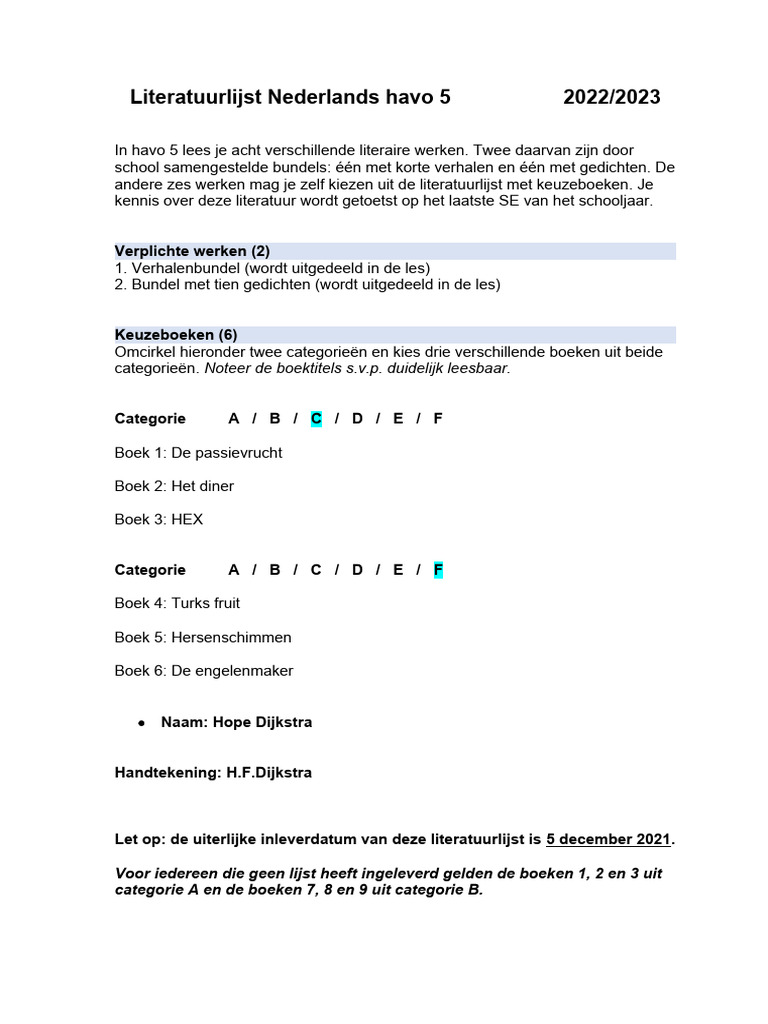 Literatuurlijst Havo 2022 - 2023 | PDF
