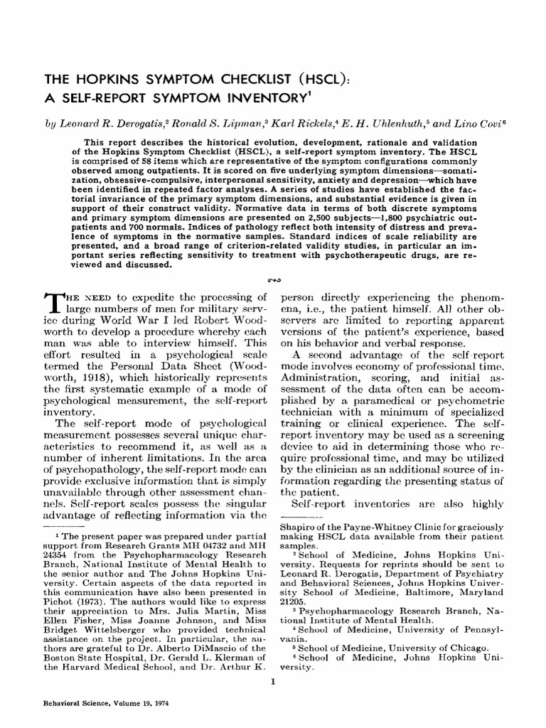 Behavioral Science - January 1974 - Derogatis - The Hopkins Symptom ...