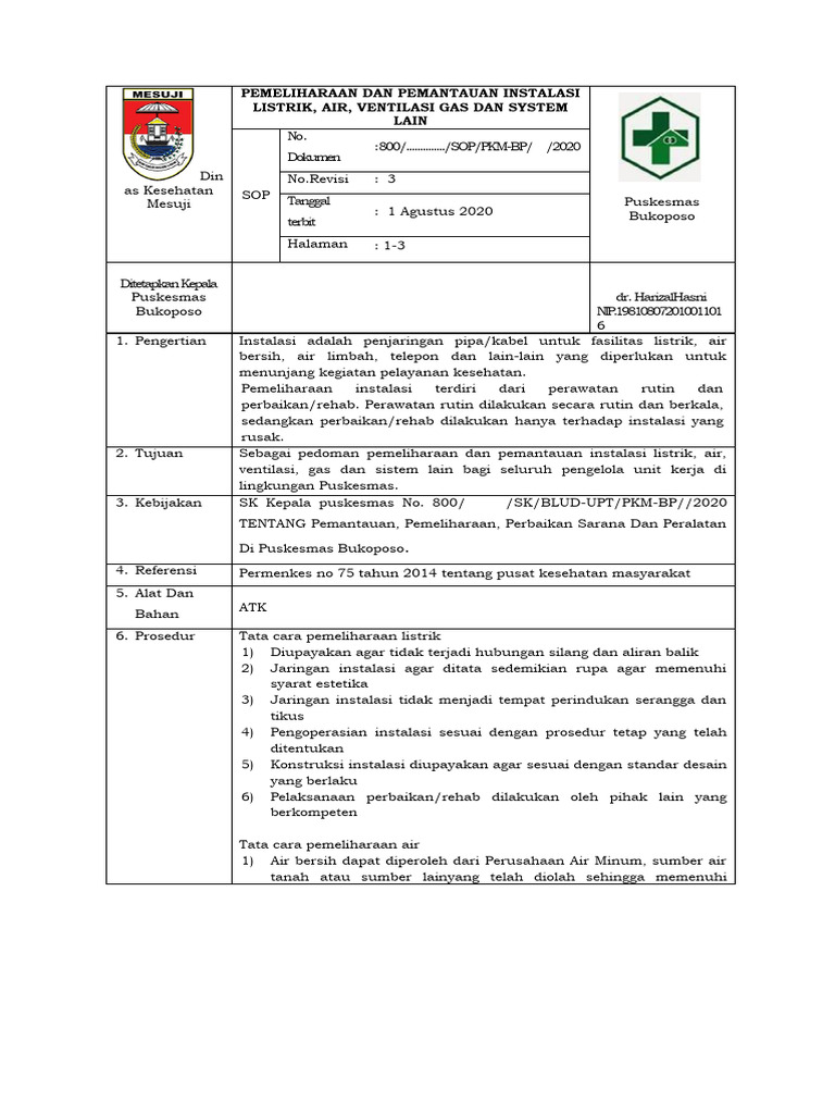 Sop Pemeliharaan Dan Pemantauan Instalasi Listrik, Air, Ventilasi Gas Dan System Lain | PDF ...