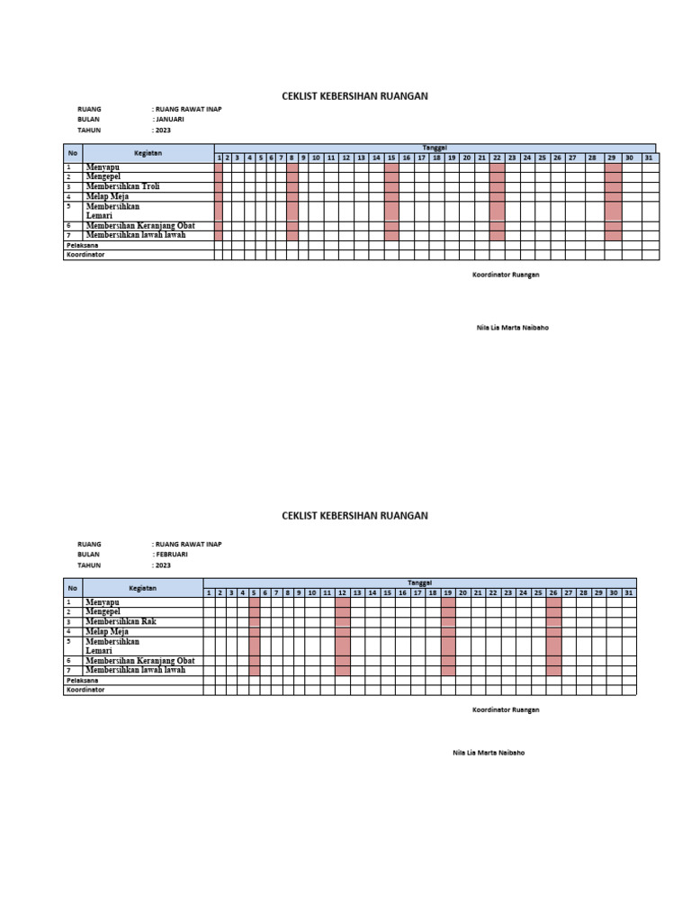 Ceklist Kebersihan Ruangan Rawat Inap | PDF
