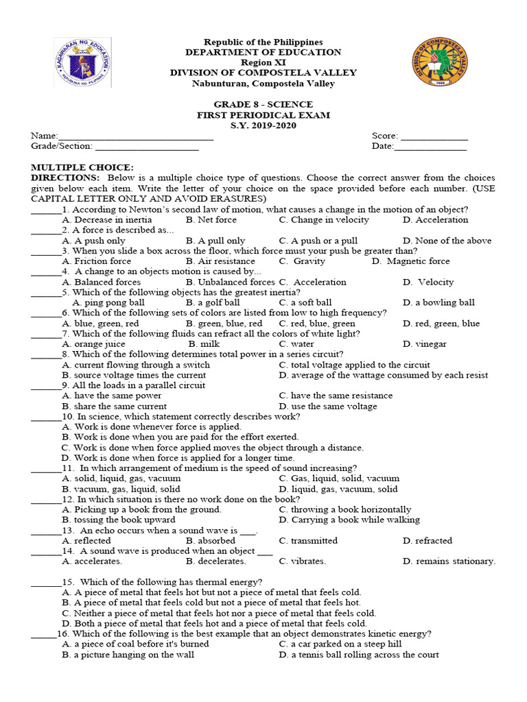 Grade 8 Science Periodical Exam 2019-2020 | PDF | Force | Kinetic Energy