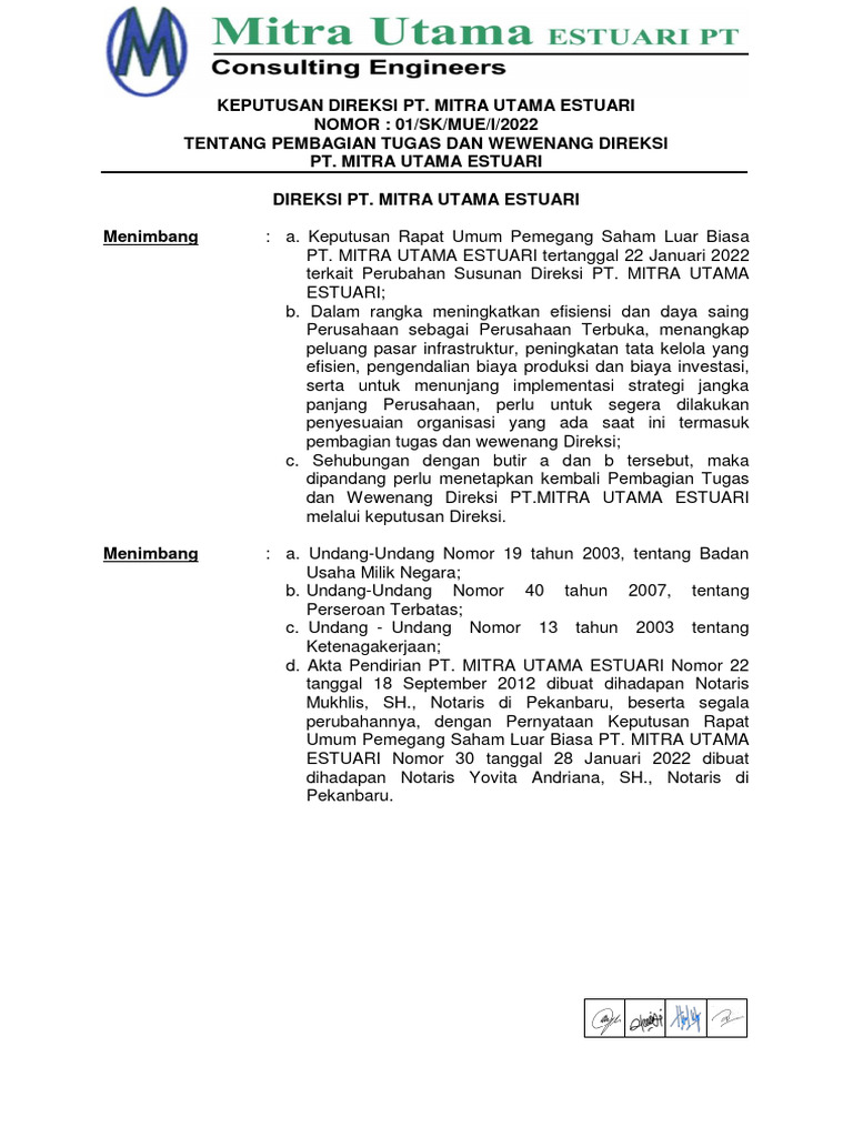 Surat Keputusan Direksi Terkait Pembagian Tugas Dan Wewenang | PDF