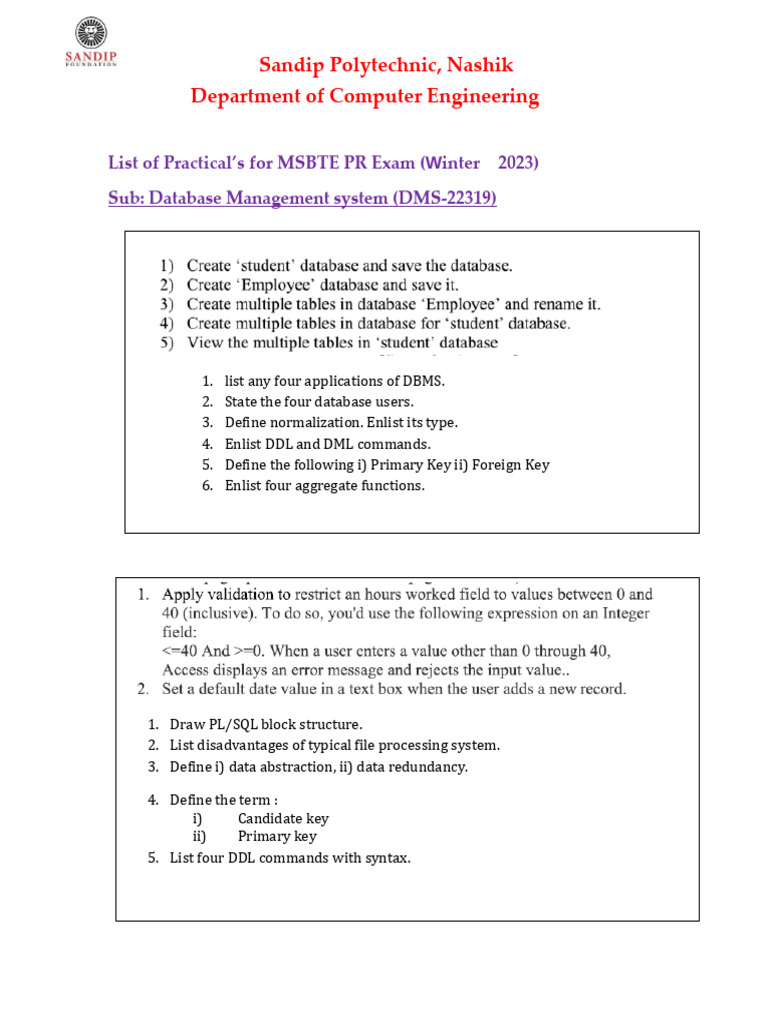 MSBTE Practical Questions | Download Free PDF | Databases | Pl/Sql