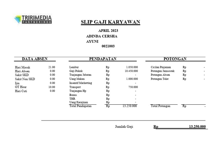 Slip Gaji April 2023 Adinda Ayuni | PDF