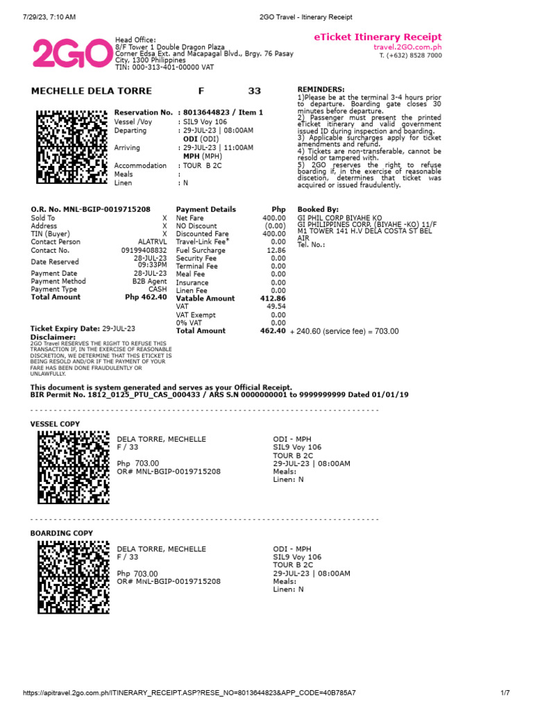 2GO Travel MS DELA TORRE AND CO ODI MPH | PDF | Ticket (Admission) | Fee