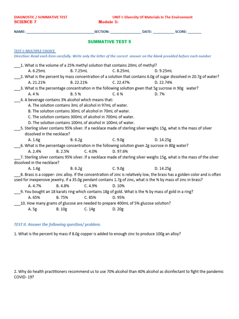 Science 7: Material Diversity Test | PDF | Mass Concentration ...