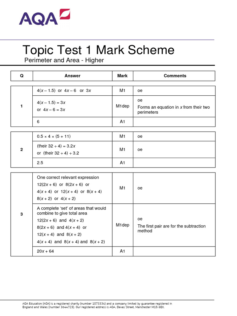 Perimeter and Area - Topic Test 1 H - Mark Scheme v1.1 | PDF
